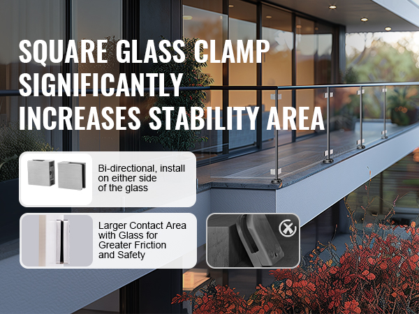 VEVOR Glass Clamp, 4 PCS Square Glass Railing Bracket for 0.31 "-0.47 ...