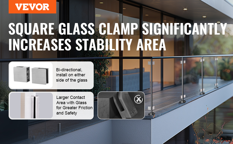 VEVOR Glass Clamp, 4 PCS Square Glass Railing Bracket for 0.31 "-0.47 ...