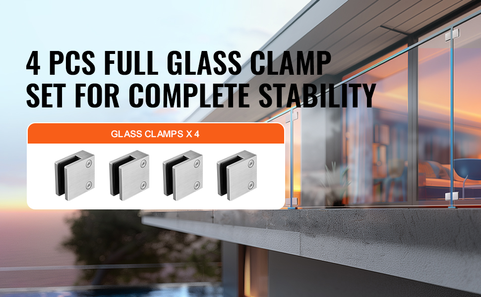 VEVOR Glass Clamp, 4 PCS Square Glass Railing Bracket for 0.31 "-0.47 ...