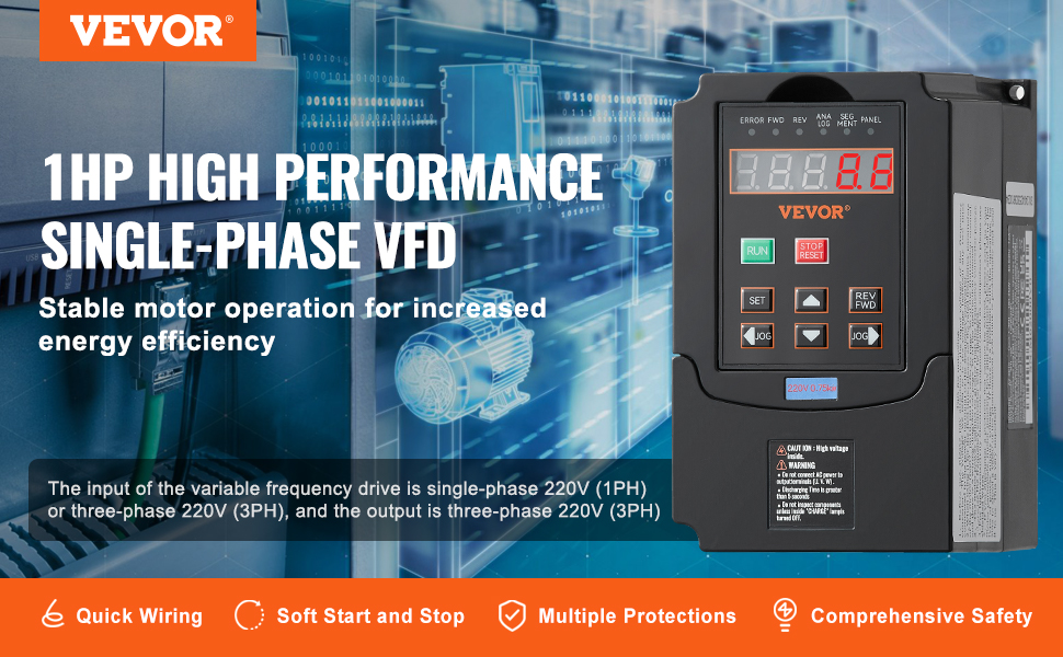 VEVOR VFD 1HP, 0.75KW, 3.5A, 1 or 3 Phase 220V Input to 3 Phase 220V Output Variable Frequency ...