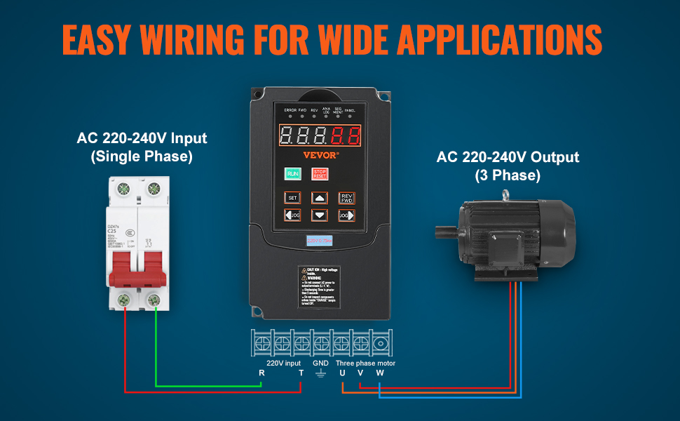 VEVOR VFD 1HP, 0.75KW, 3.5A, 1 or 3 Phase 220V Input to 3 Phase 220V ...
