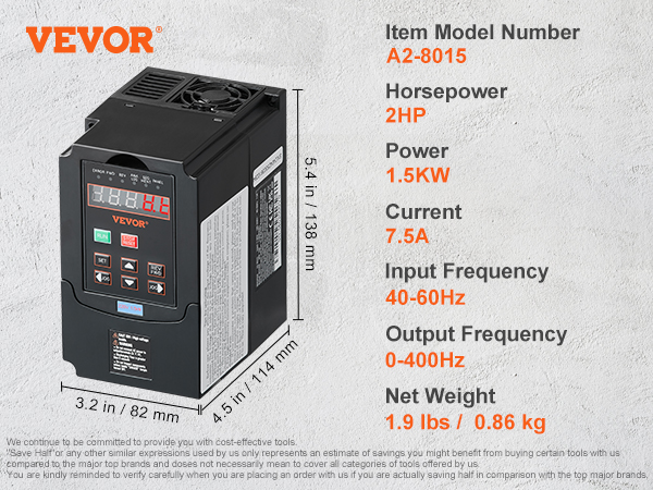 VEVOR VFD 2HP, 1.5KW, 7.5Amps 220V 1 or 3 Phase Input to 3 Phase Output ...