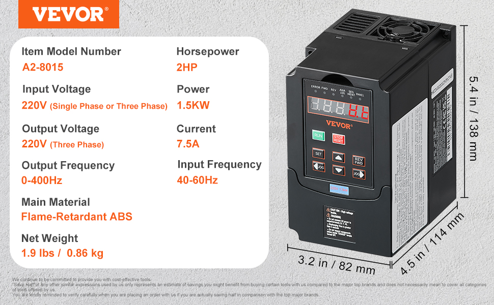 VEVOR VFD 2HP, 1.5KW, 7.5A, 1 or 3 Phase 220V Input to 3 Phase 220V Output Variable Frequency ...
