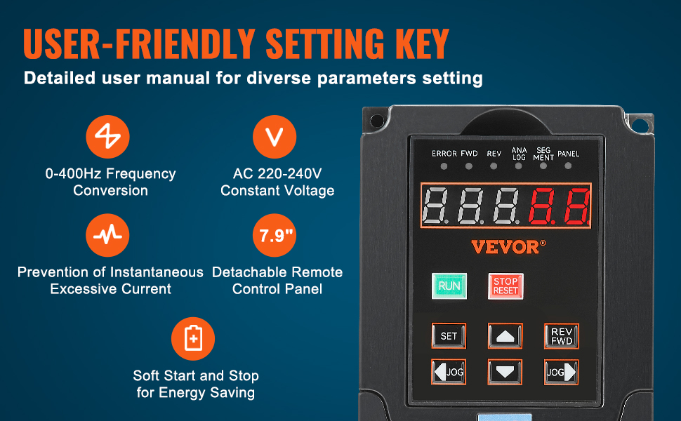 VEVOR Frequenzumrichter VFD 1,5kW, 7,5A 1-/3-Phasen-Eingang auf 3-Phasen-Ausgang | VEVOR DE