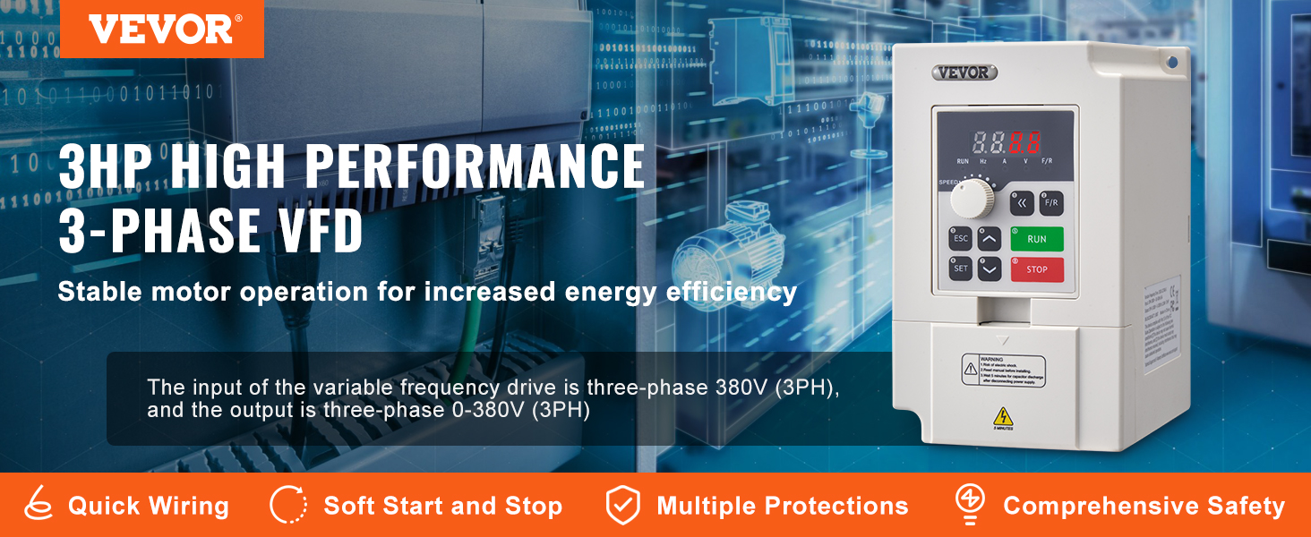 VEVOR VFD 3HP 2.2KW 5A 3 Phase AC 380V Input to 3 Phase 0-380V Output 0-2000Hz | VEVOR EU