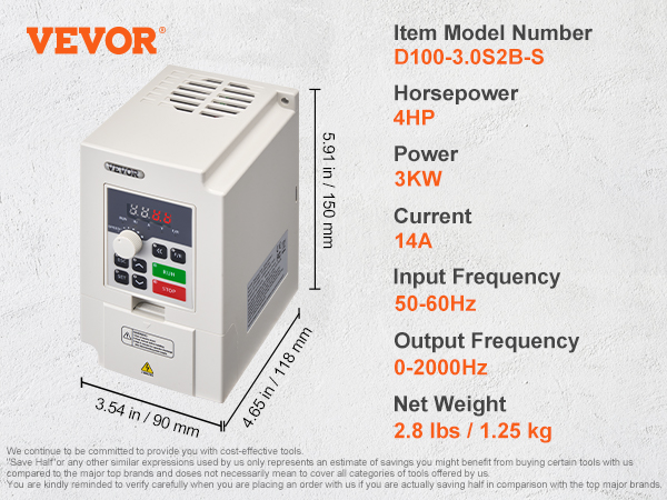 VEVOR VFD 4HP 3KW 14A 1 or 3 Phase AC 220V Input to 3 Phase AC 0~220V ...