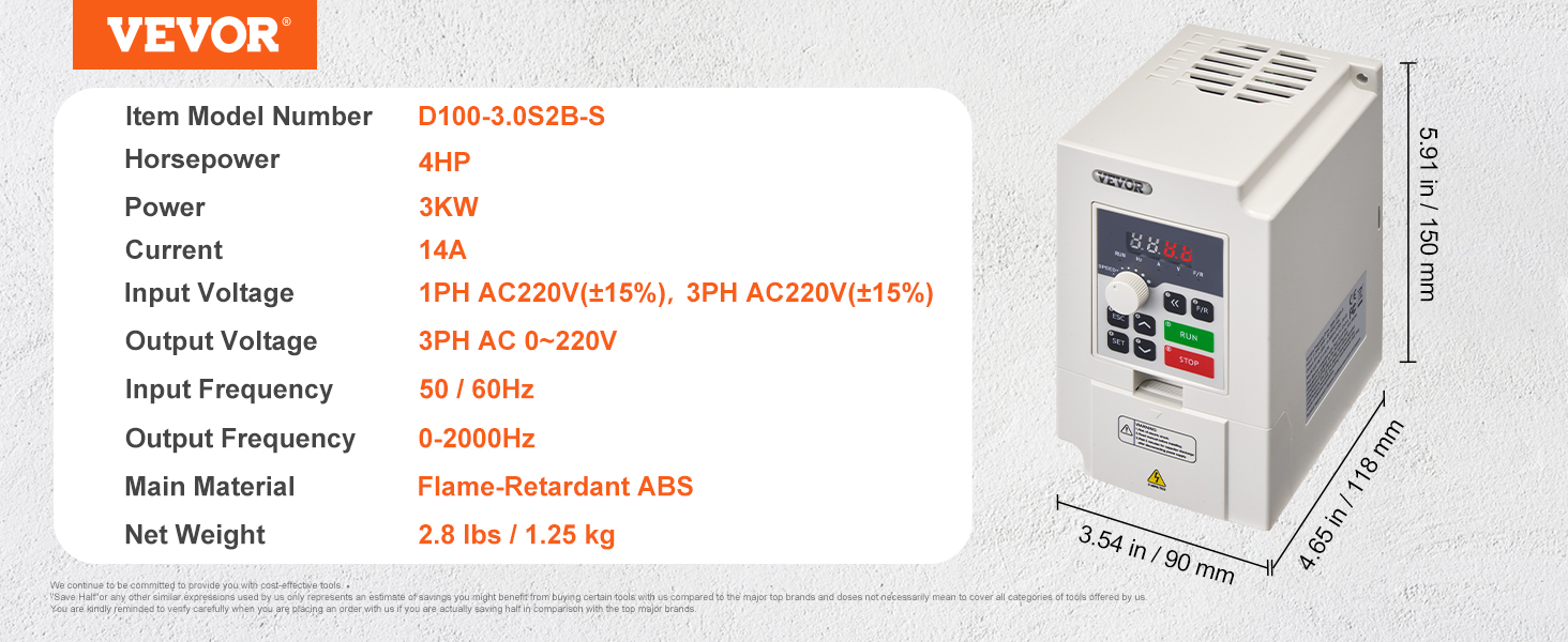VEVOR VFD 4HP 3KW 14A 1 or 3 Phase AC 220V Input to 3 Phase AC 0~220V ...