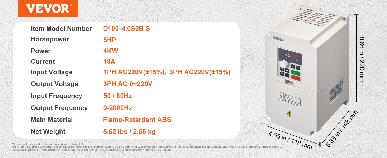 VEVOR VFD 5HP 4KW 18A 1 or 3 Phase AC 220V Input to 3 Phase AC 0~220V ...