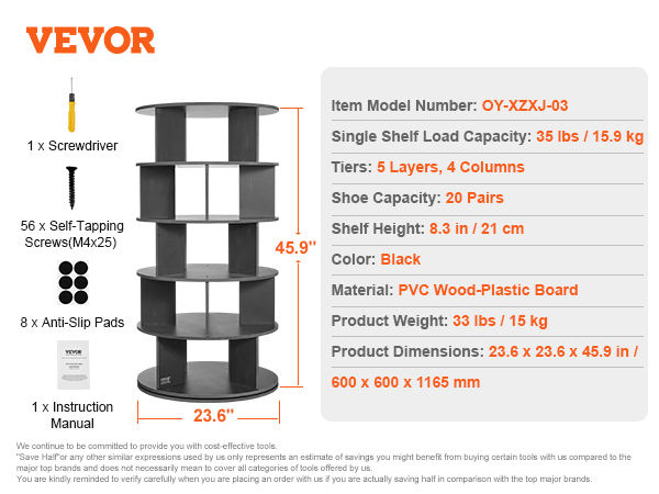 VEVOR 5-Tier Rotating Shoe Rack Tower 360° Spinning Shoe Display ...