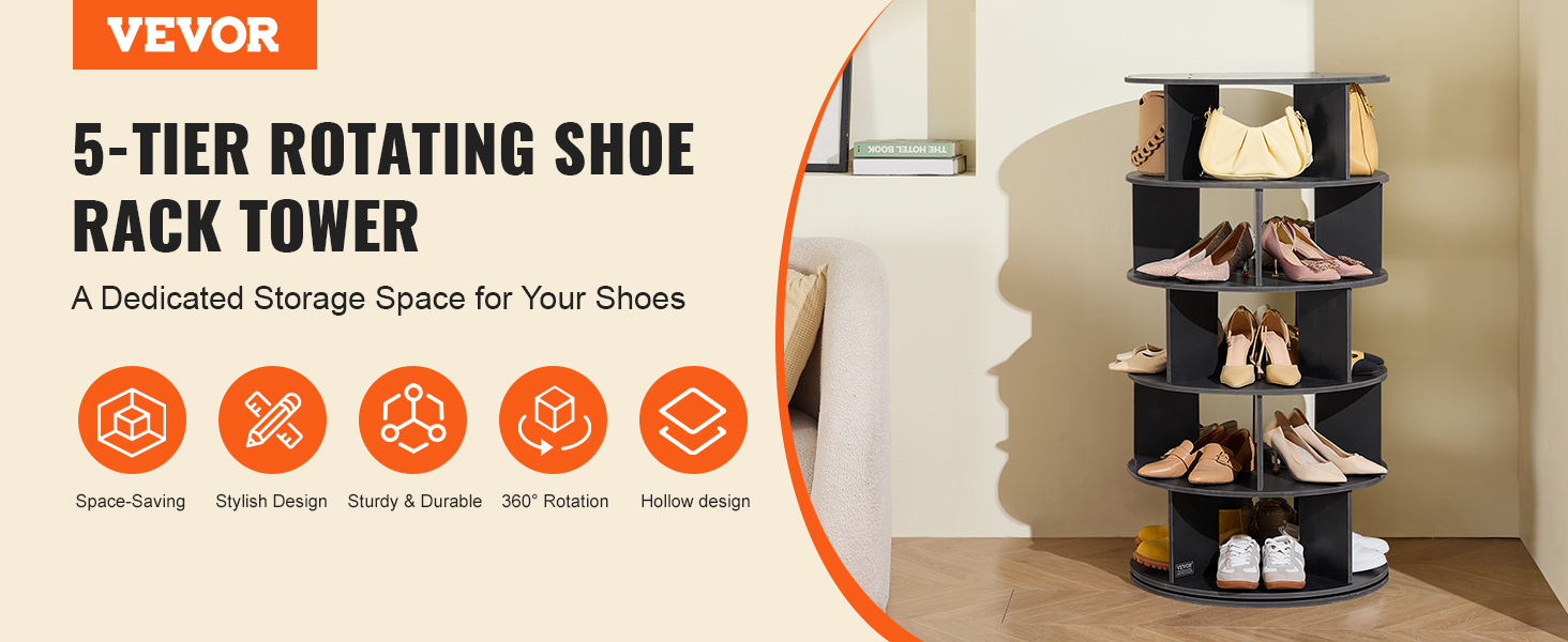 VEVOR 5-Tier Rotating Shoe Rack Tower 360° Spinning Shoe Display ...