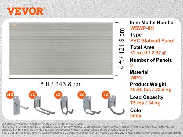 VEVOR Slatwall Panels with Hooks, 4 ft x 1 ft Gray Garage Wall Panels ...