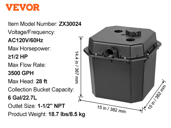 VEVOR Utility Sink Pump, 1/2 HP, 120-Volt, 3500 GPH Flow, 28 ft Head ...
