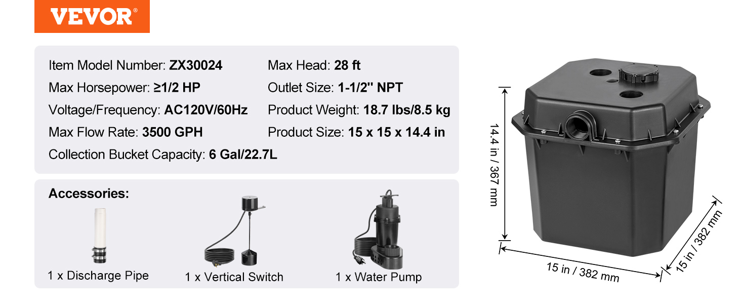 VEVOR Utility Sink Pump, 1/2 HP, 120-Volt, 3500 GPH Flow, 28 ft Head ...