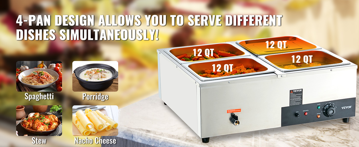 VEVOR 4-Pan Commercial Food Warmer, 4 x 12QT Electric Steam Table ...