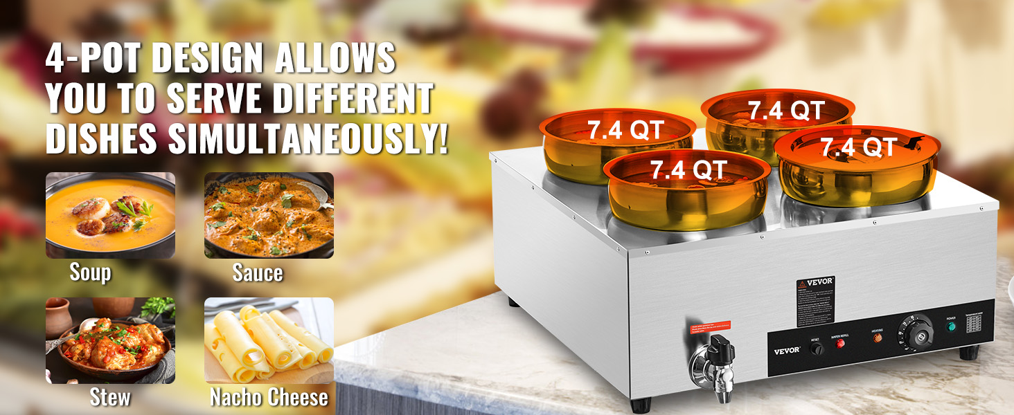 VEVOR Electric Soup Warmer, Four 7.4QT Stainless Steel Round Pot 86~185 ...