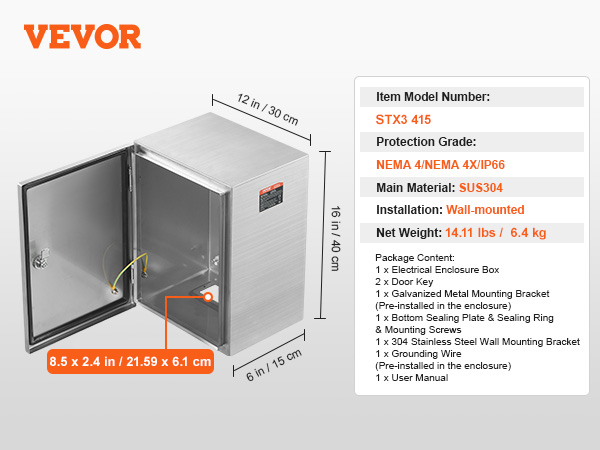 VEVOR Steel Electrical Box, 16"x 12"x 6", 304 Stainless Steel ...