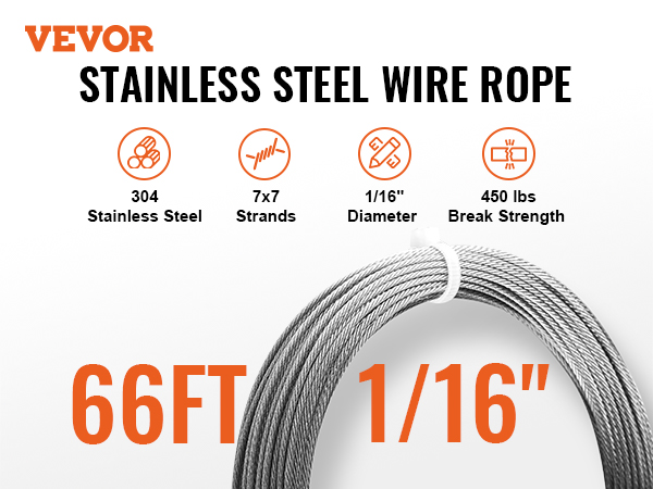 VEVOR Cable de acero inoxidable VEVOR T304 de 1/16" y 7 x 7, cable de acero para barandilla de ...