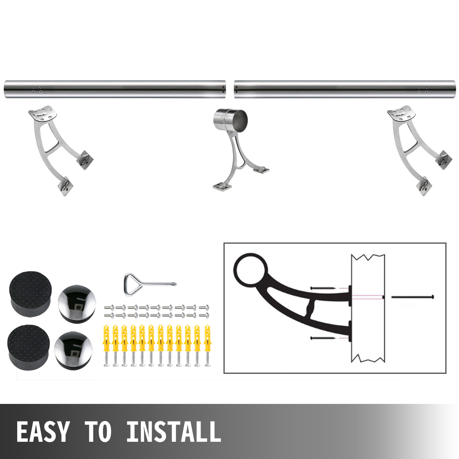VEVOR 6FT Length Bar Foot Rail Kit,2''OD Solid Brushed Stainless Steel ...