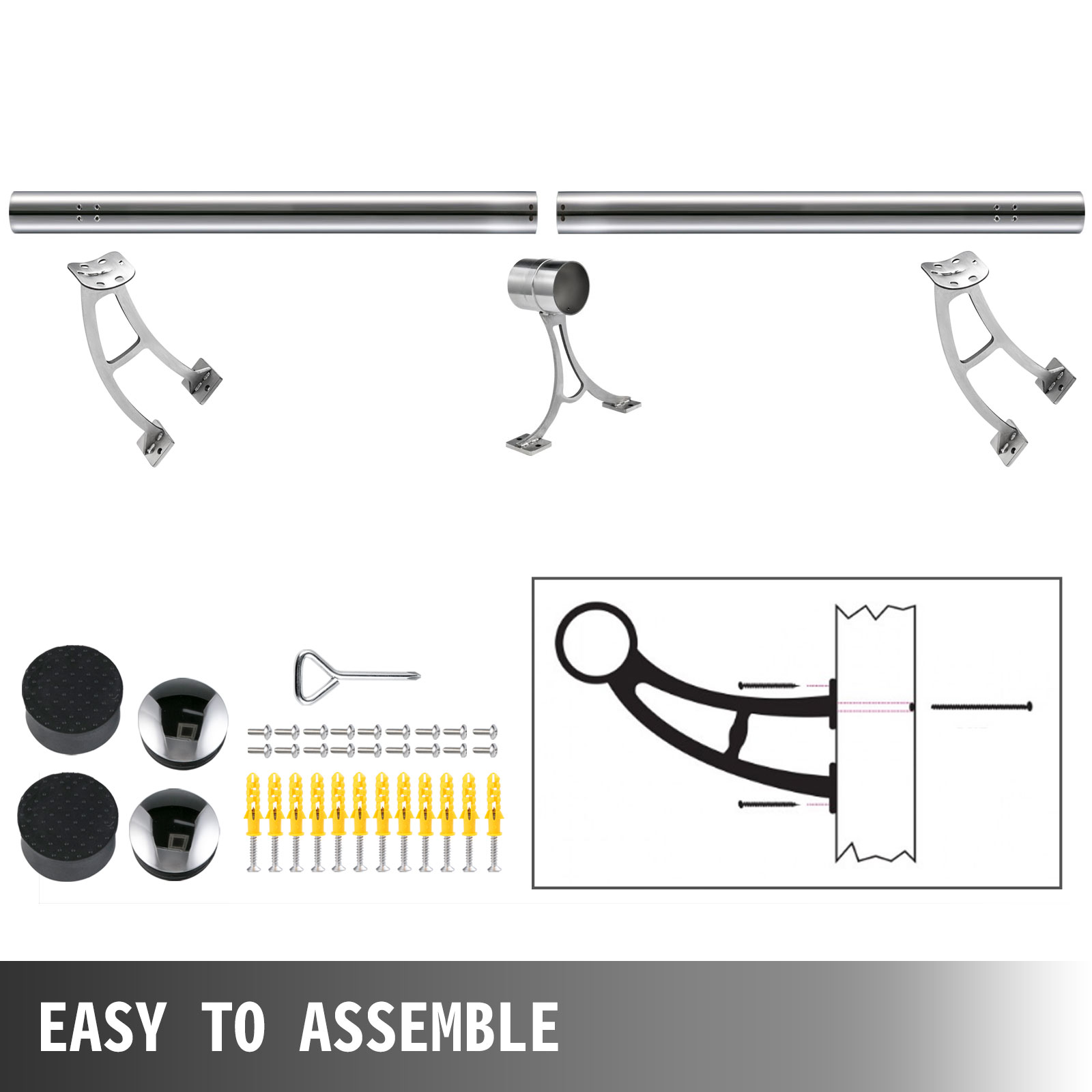 VEVOR 8FT Length Solid Brushed Stainless Steel Rail Tubing Kit, Bar ...