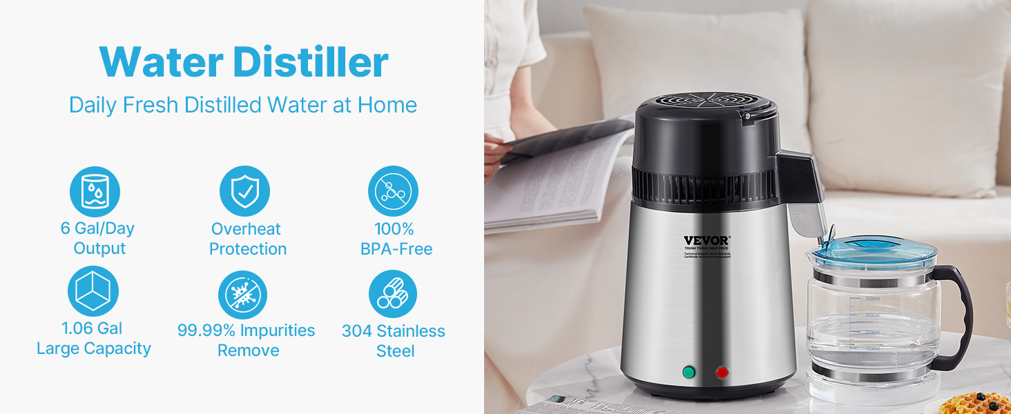 Water Distillers For Home VEVOR 4L Water Distiller - 750W Stainless ...