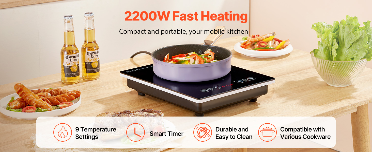 VEVOR Portable Induction Cooktop 2200W Countertop Burner 11 Temp Levels ...