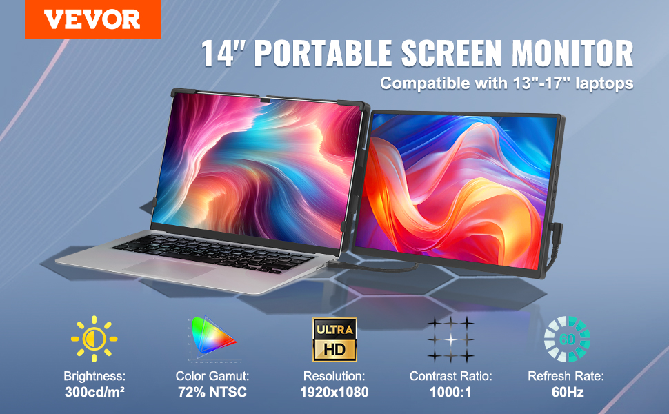 VEVOR Laptop Screen Extender 14in HD 1080P Portable Monitor for 13"-17 ...