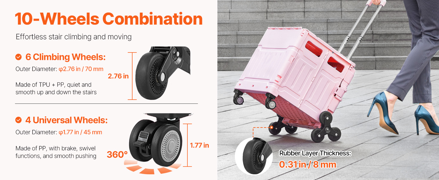 Foldable Cart with Stair Climbing Wheels Collapsible Rolling Crate 65L ...