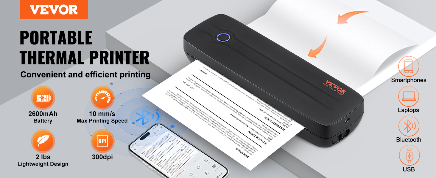 VEVOR Portable Printer Wireless Inkless Printer 2600 mAh for Travel ...
