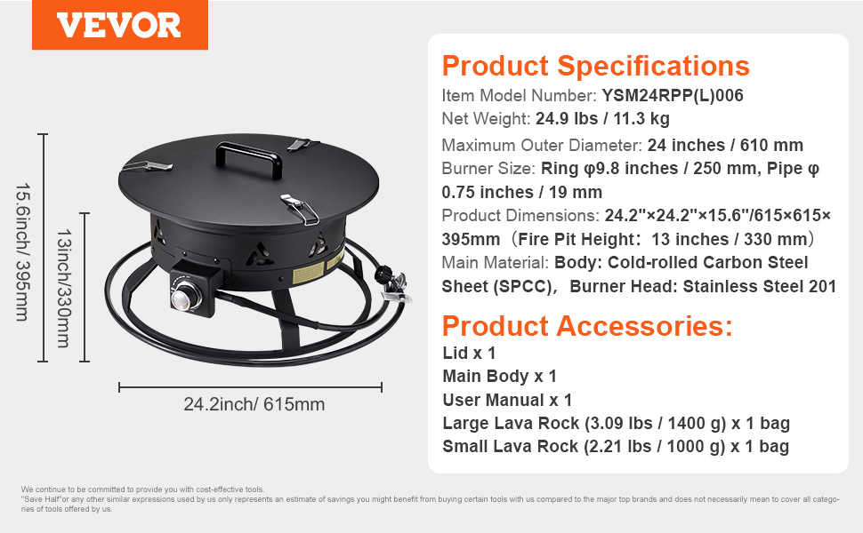 VEVOR Propane Fire Pit 24” Outdoor Portable Gas Fire Pit for Heating ...