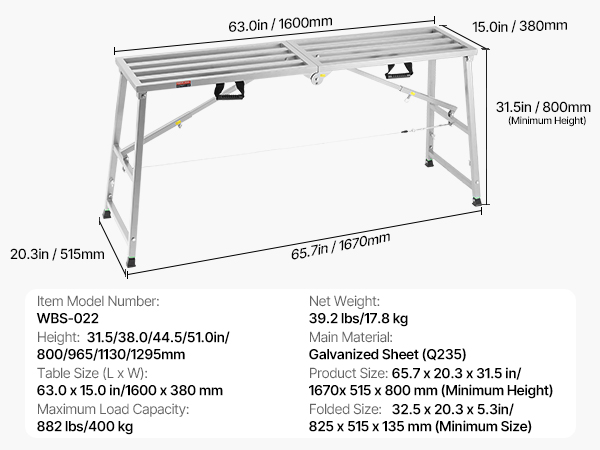 VEVOR Work Platform Adjustable Height Portable Scaffolding Platform 800 ...