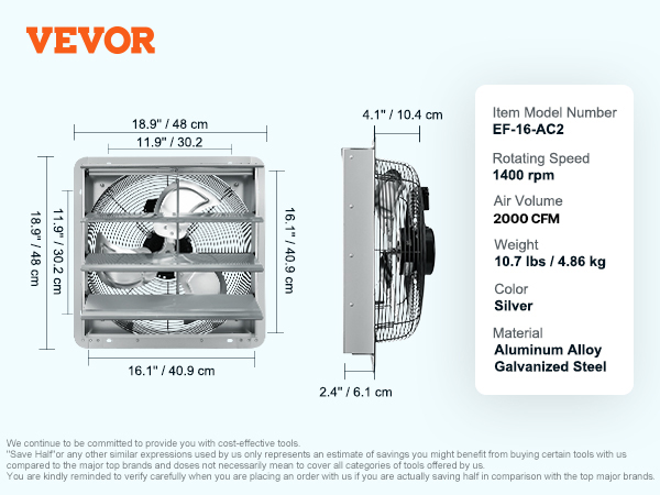 VEVOR Shutter Exhaust Fan, 406 mm High-speed 1400RPM 1506 CFM, Aluminum ...