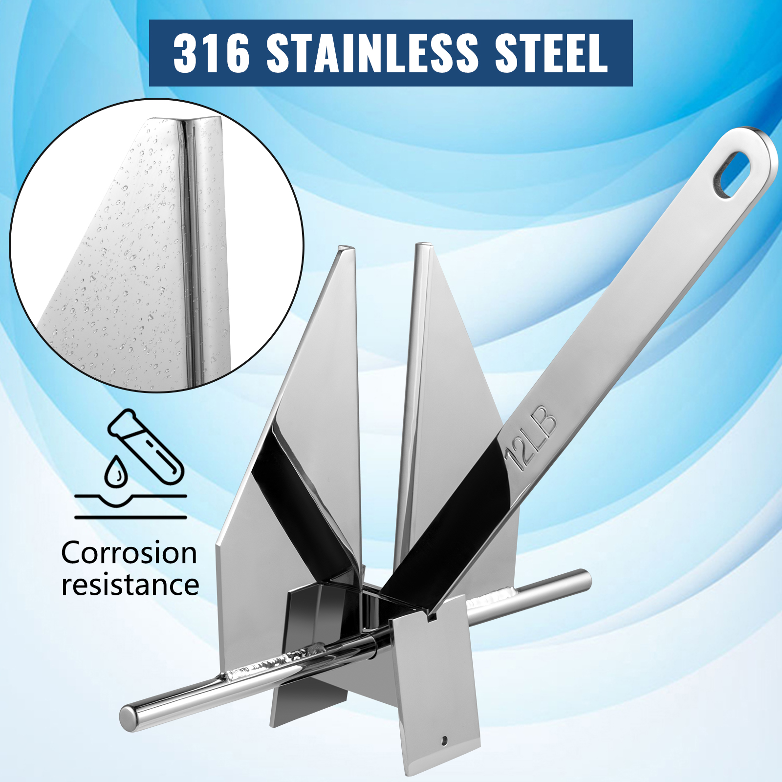 VEVOR Boat Anchor 12 lb 5.5 kg Marine Anchor, 316 Stainless Steel ...