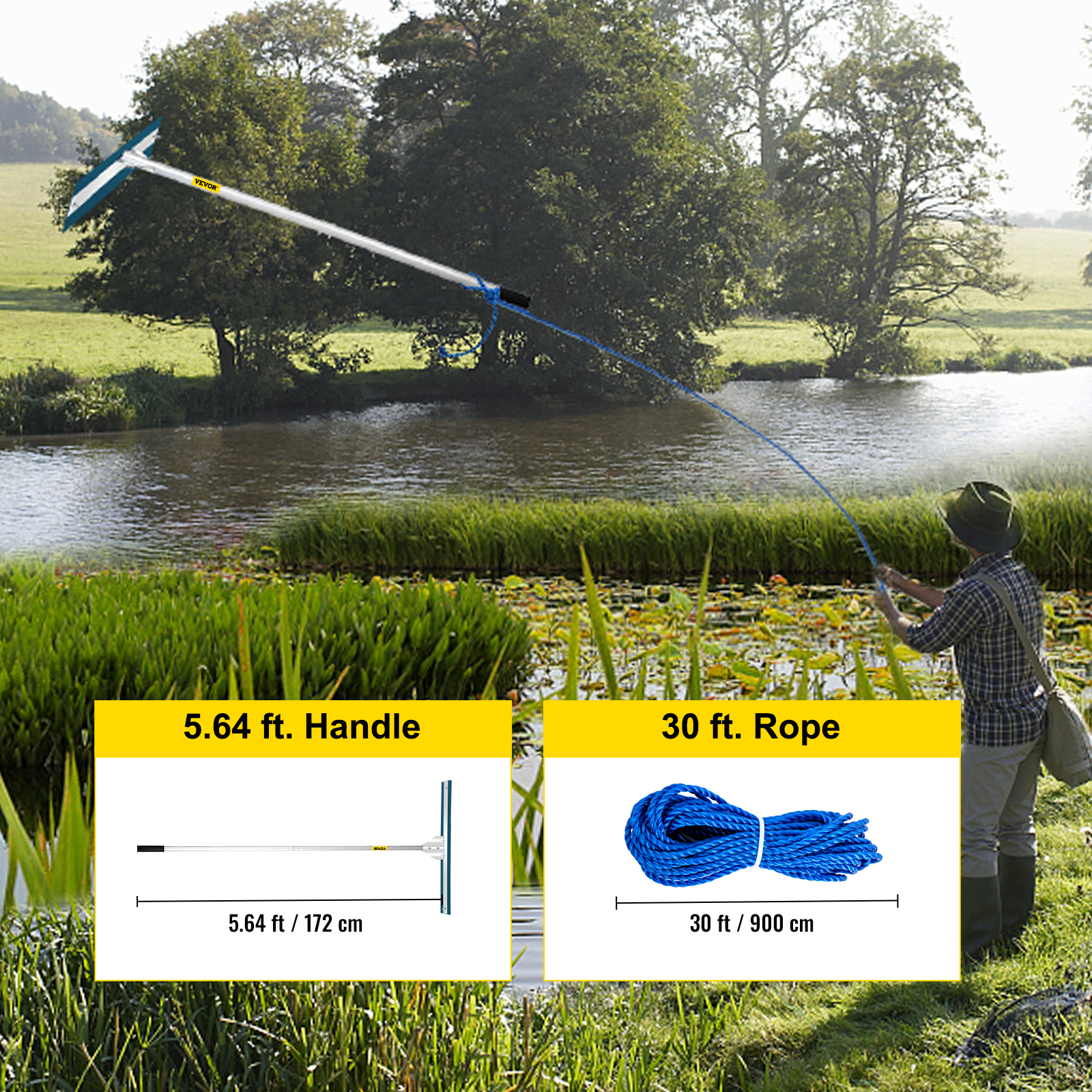 VEVOR Lake Weed Cutter, 27" Wide Lake Rake for Weeds, Manganese Steel ...