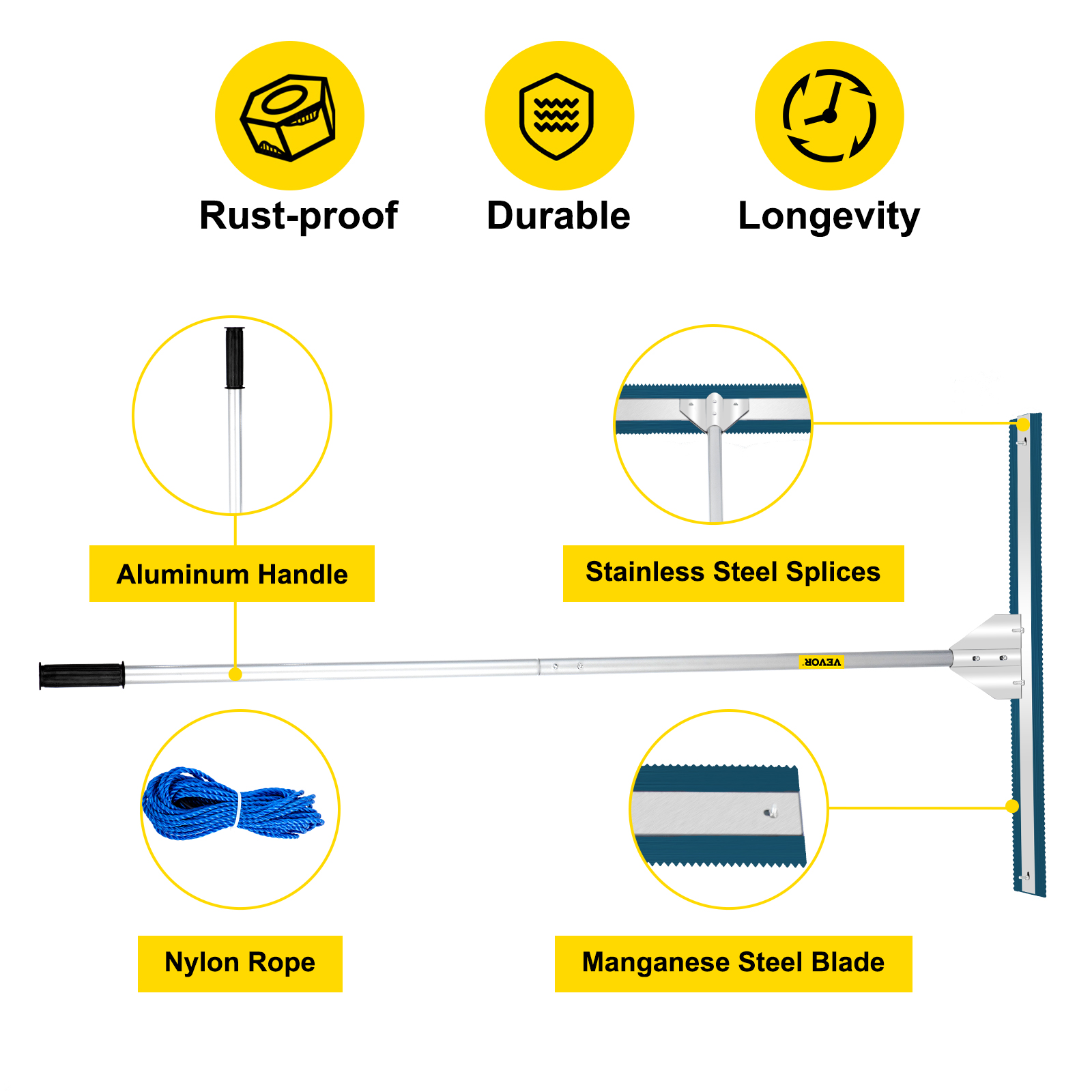 VEVOR Lake Weed Cutter, 27" Wide Lake Rake for Weeds, Manganese Steel ...