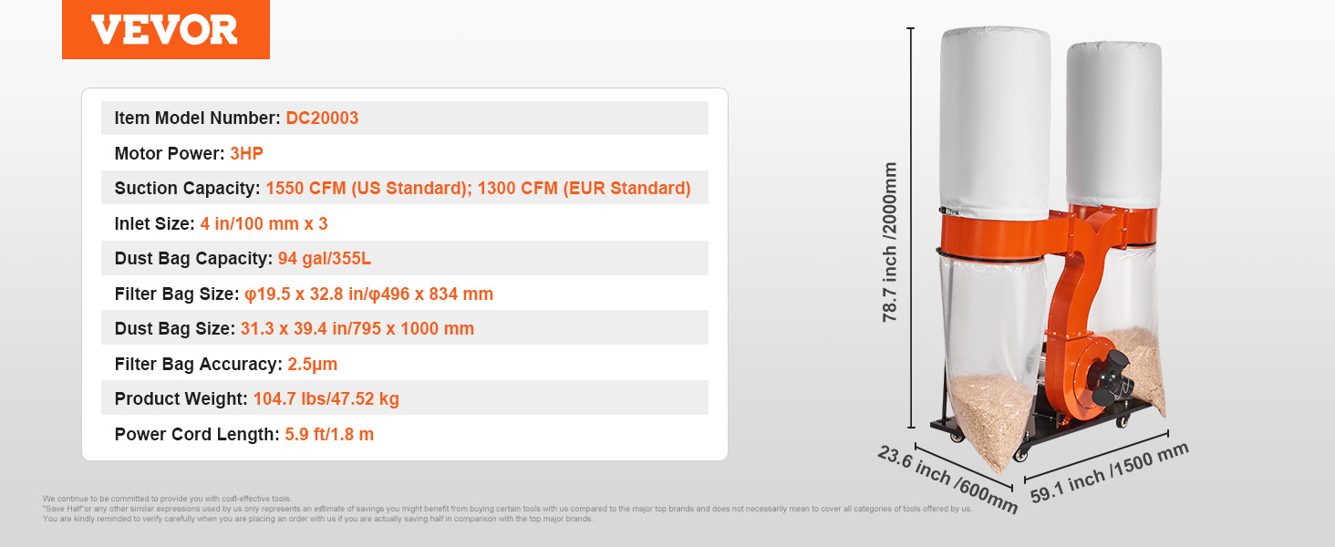 VEVOR 3HP Dust Collector 2800 CFM Wheeled Jet Dust Collection Bag Dust ...
