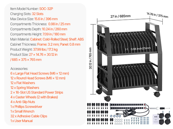 VEVOR Charging Cart Mobile Open Charging Cart 32 Devices for Laptop and ...