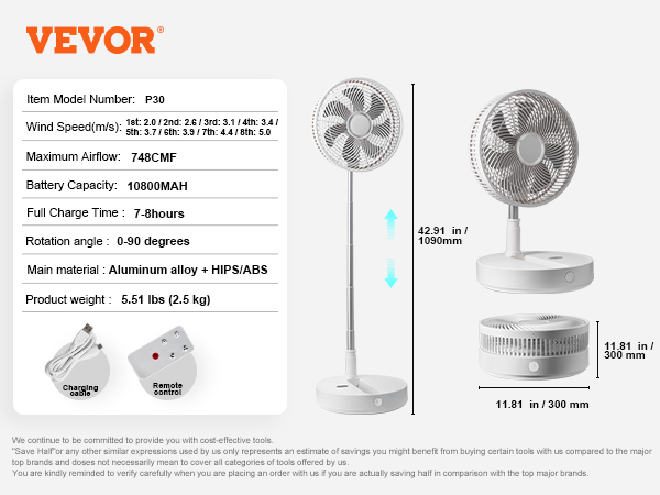 VEVOR 12 Inch Foldable Oscillating Standing Fan with Remote Control, 4 ...