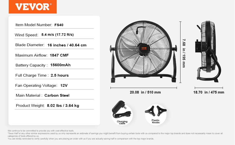 VEVOR 16-inch Cordless Fan Heavy Duty Metal Fans Variable Speed 360 ...