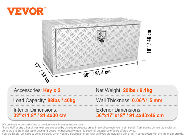 VEVOR Underbody Aluminum Truck Tool Box 36" x 17" x 18" Trailer RV Tool ...