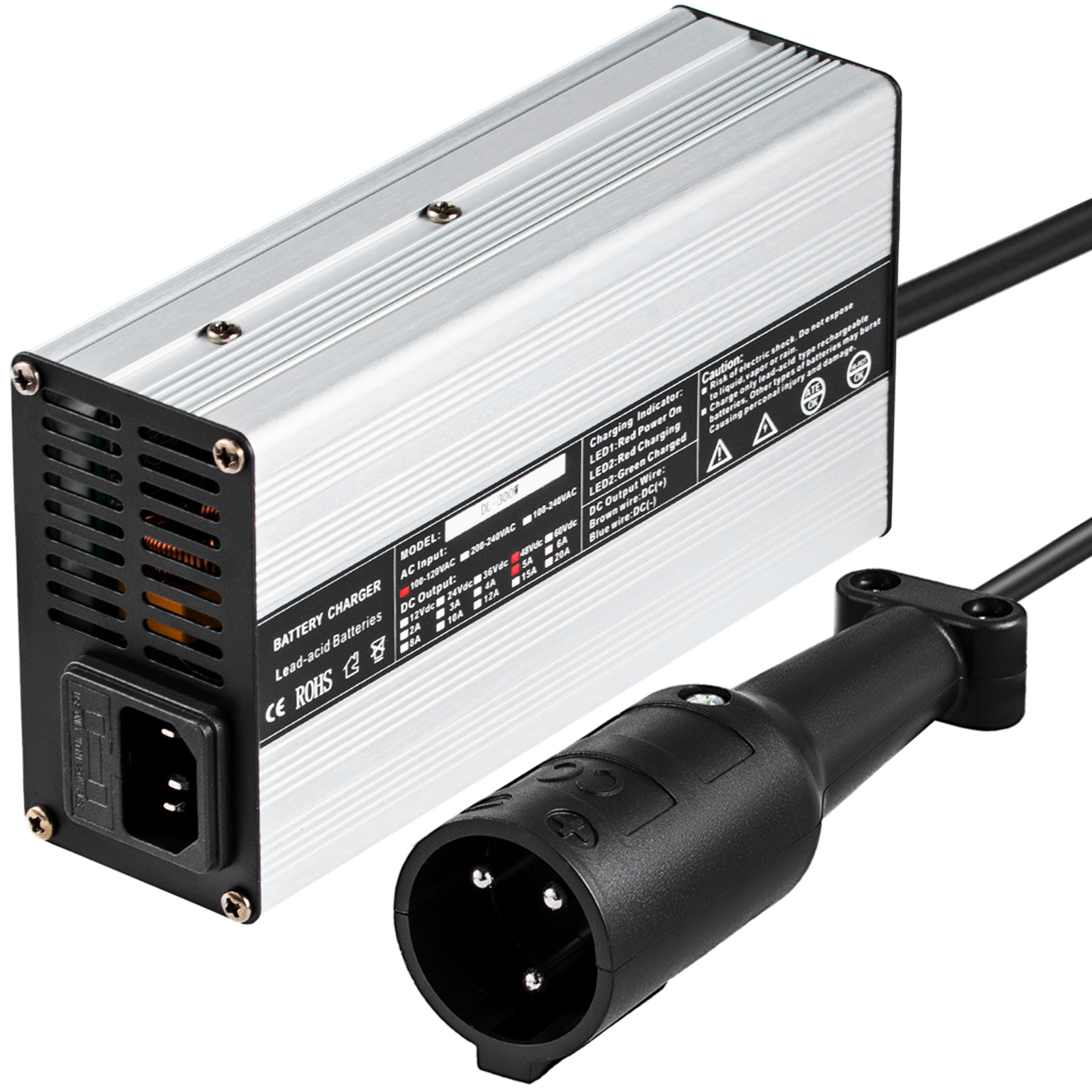 VEVOR 48V 5A Golf Cart Battery Charger with 3 Pin Round Plug and 2 LED ...