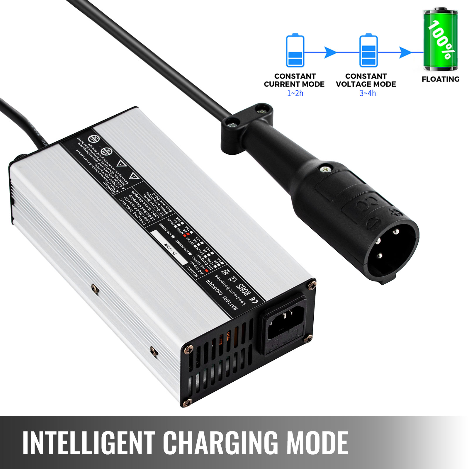 VEVOR 48V 5A Golf Cart Battery Charger with 3 Pin Round Plug and 2 LED ...