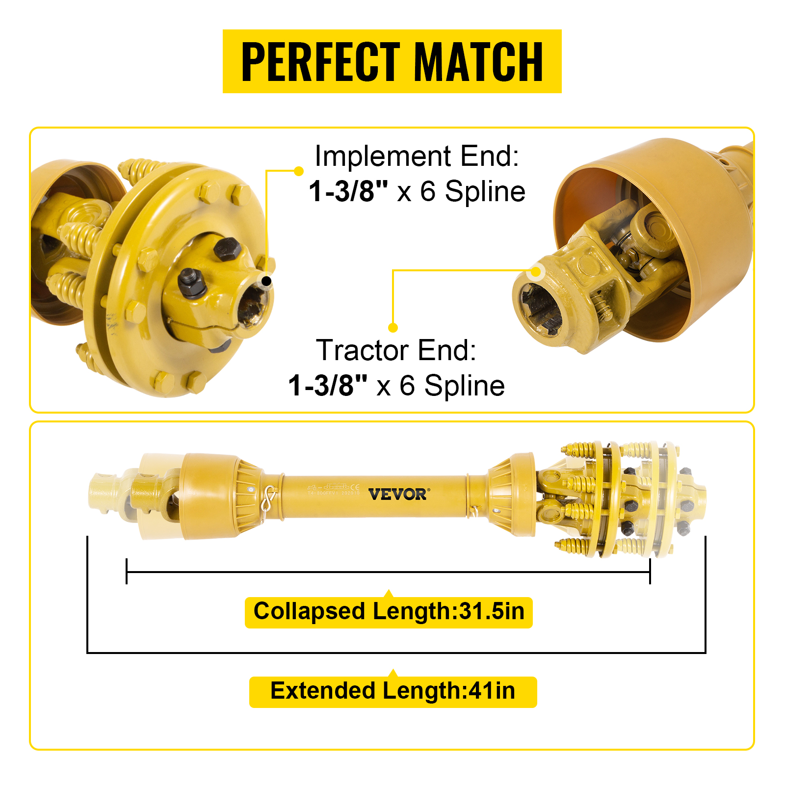 VEVOR PTO Shaft, 1-3/8” PTO Drive Shaft, 6 Spline Both Ends PTO ...