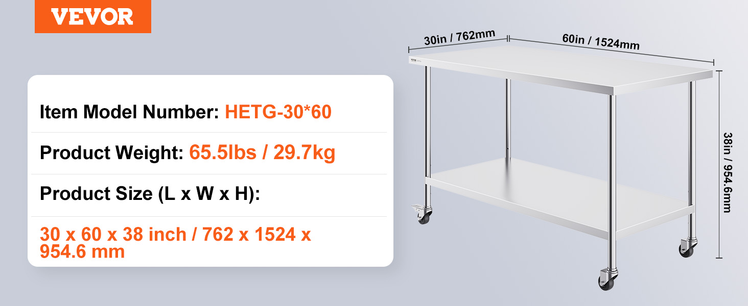 VEVOR Stainless Steel Work Table 30 x 60 x 38 Inch, with 4 Wheels, 3 ...