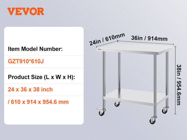 VEVOR Stainless Steel Work Table 24 x 36 x 38 Inch, with 4 Wheels, 3 ...