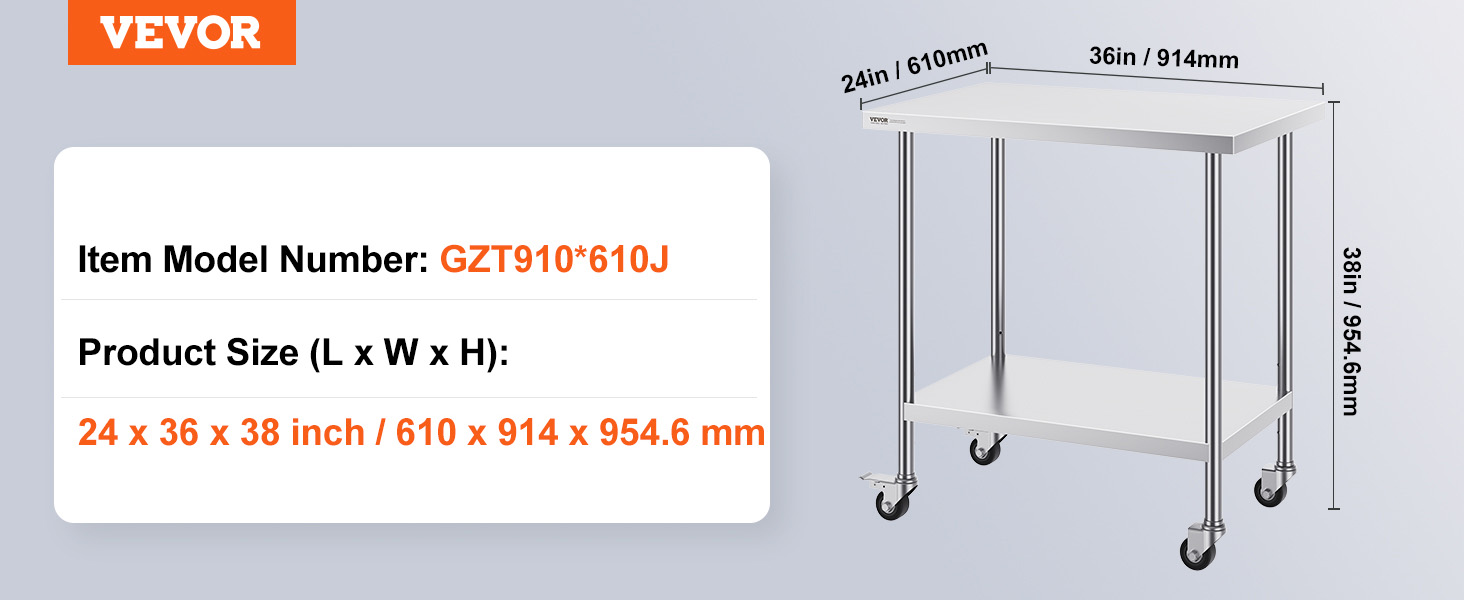 VEVOR Stainless Steel Work Table 24 x 36 x 38 Inch, with 4 Wheels, 3 ...