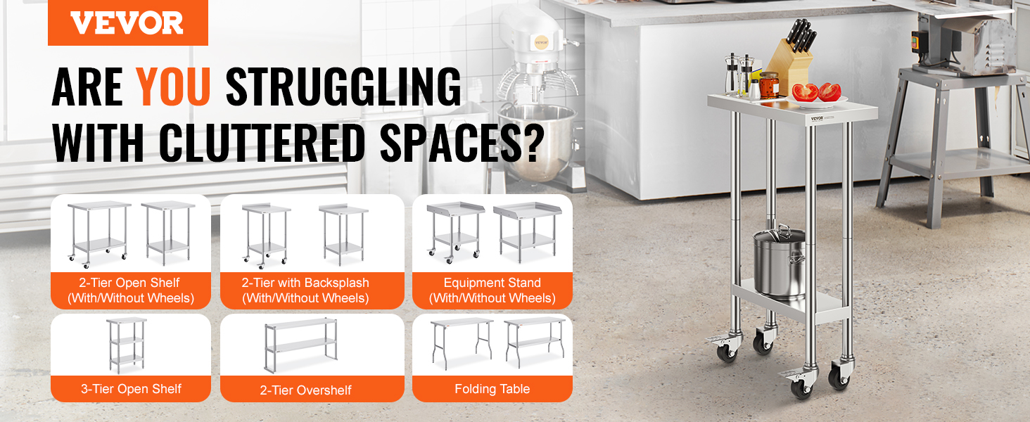 VEVOR Table de travail en acier inoxydable 24 x 12 x 38 pouces, avec 4 ...