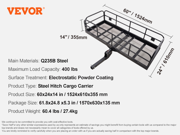 VEVOR Hitch Cargo Carrier, 60 x 24 x 14 in Folding Trailer Hitch ...