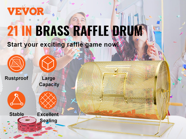VEVOR Raffle Drum, 14.8 x Ø21.26 inch Brass Plated Raffle Ticket ...