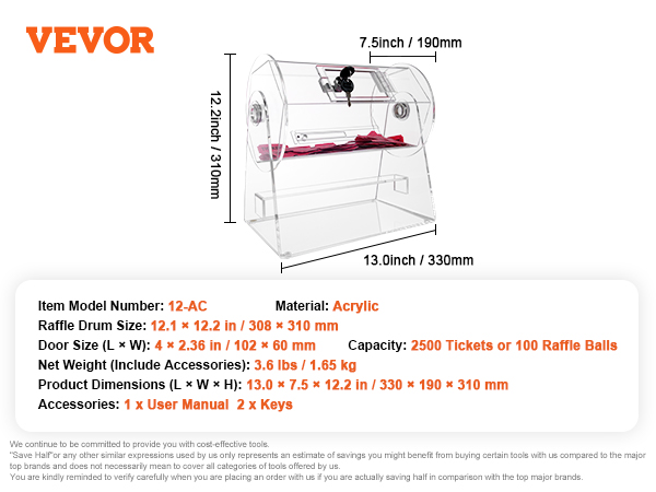 VEVOR Acrylic Raffle Drum, Professional Raffle Ticket Spinning Cage ...