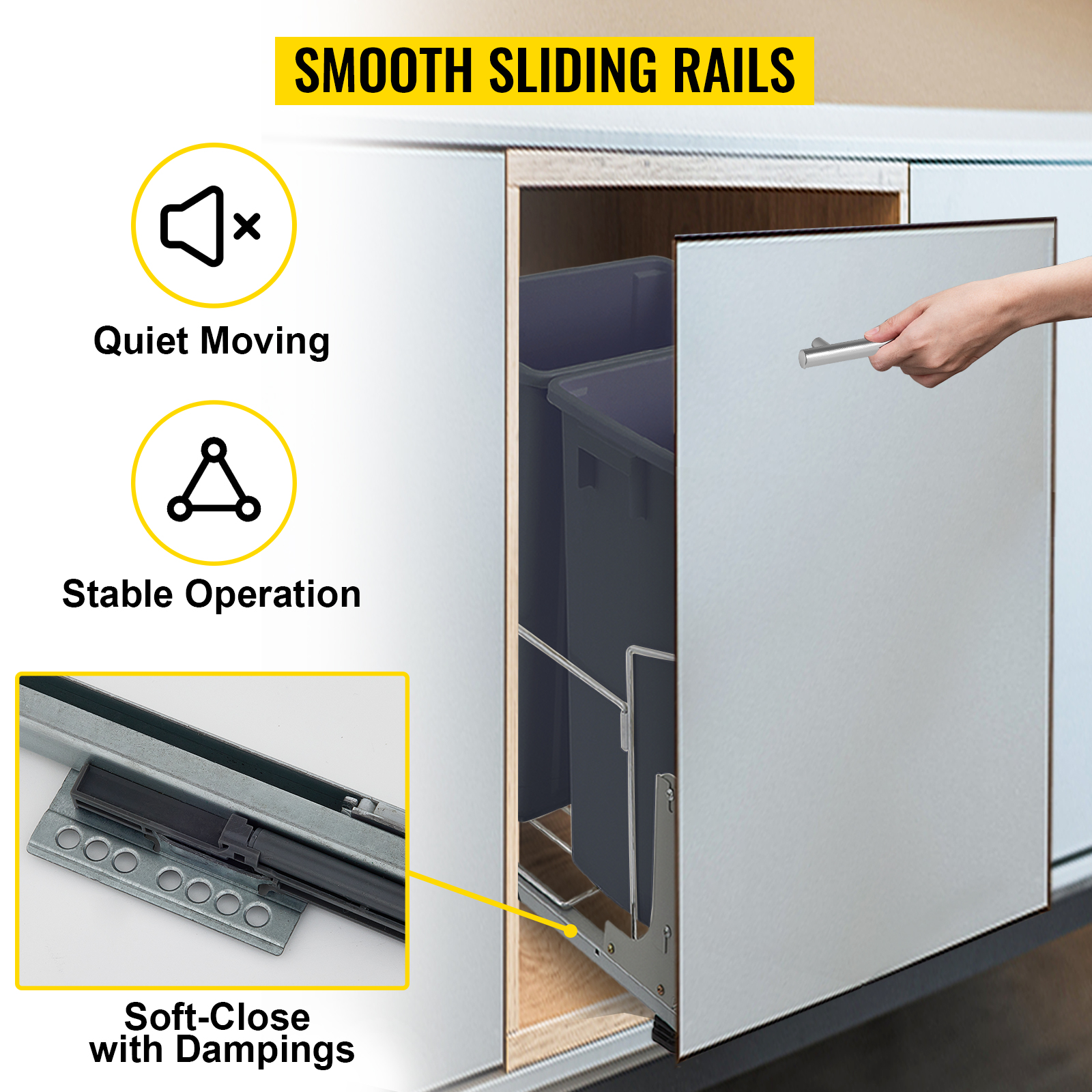 VEVOR Pull-Out Trash Can, 37Qt Double Bins, Under Mount Kitchen Waste ...